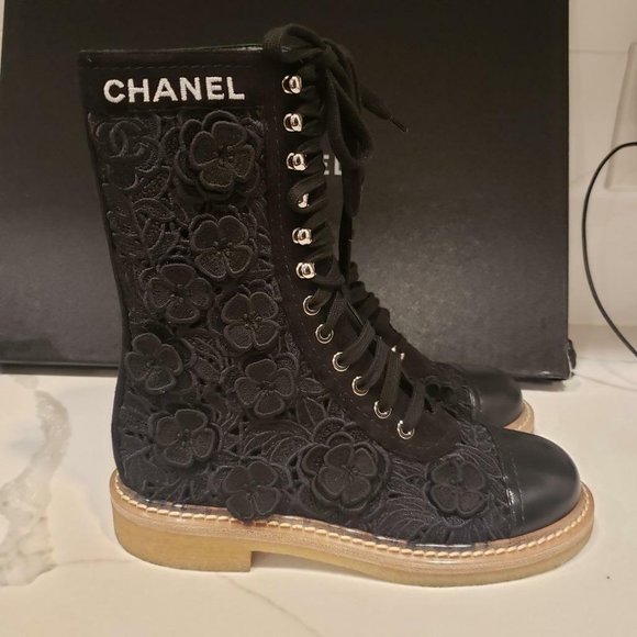CHANEL | Shoes | Chanel 9s Camellia Flower Embroidered Applique Lace Up ...